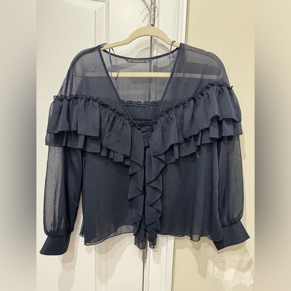 Zara | Tops | Zara Ruffled Navy Blue Shirt | Poshmark